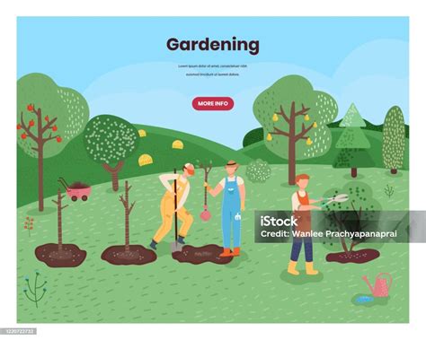 사람들은 과일 나무를 심는 농장에서 일합니다 농부 농업 분야 수확 작물 컨셉 일러스트레이션 벡터 웹 사이트 디자인 템플릿입니다