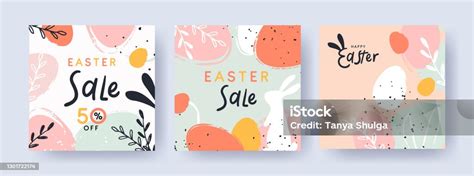 배경 인사말 카드 판매 포스터 휴일 커버의 행복한 부활절 세트 타이포그래피 손으로 그린 식물 점 계란 토끼가 파스텔 색상의 트렌디한 디자인 부활제에 대한 스톡 벡터 아트 및