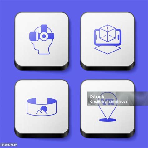 가상 현실 안경 3d 모델링 360도 보기 및 아이콘을 설정합니다 흰색 사각형 버튼 벡터 3차원 형태에 대한 스톡 벡터 아트 및 기타 이미지 Istock