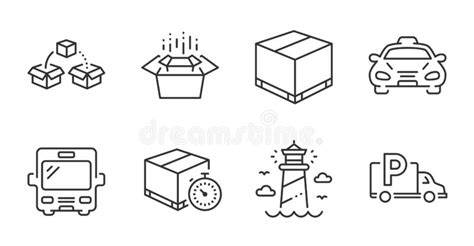Truck Parking Lighthouse And Delivery Box Icons Set Delivery Timer Packing Boxes And Bus