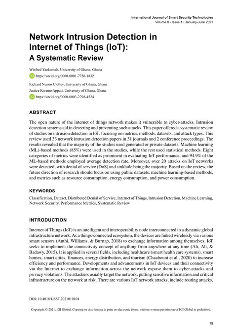 Pdf Network Intrusion Detection In Internet Of Things Iot A Systematic Review