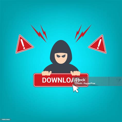 해커는 위험한 다운로드 버튼을 사용하여 기밀 데이터 개인 정보 및 신용 카드 세부 정보를 훔칩니다 해킹 개념입니다 개성 개념에 대한 스톡 벡터 아트 및 기타 이미지 Istock