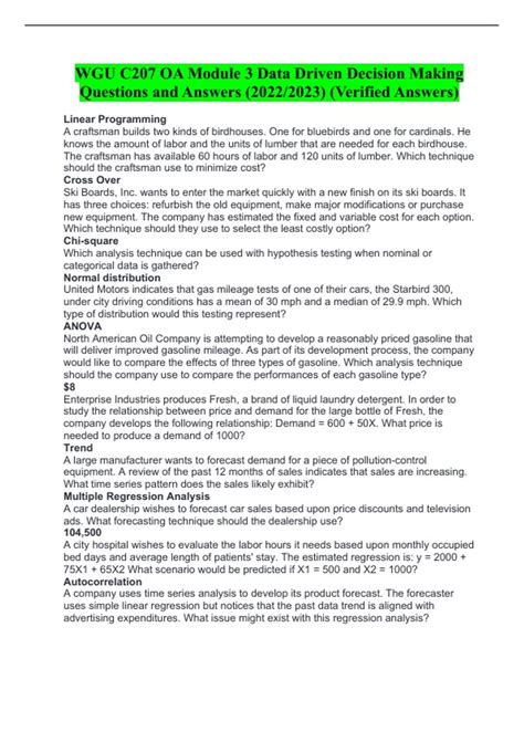 WGU C OA Module Data Driven Decision Making Questions And Answers Verified