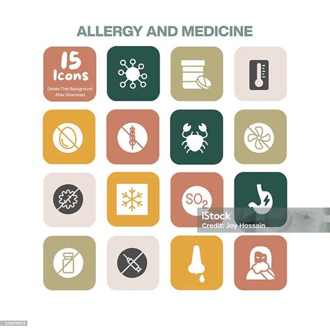 알레르기 유발 물질 증상 및 의학적 치료를 포함한 알레르기 및 의학 개념을 나타내는 15개의 평면 디자인 아이콘으로 구성된 집중 컬렉션으로 의료 관련 프로젝트에 적합합니다