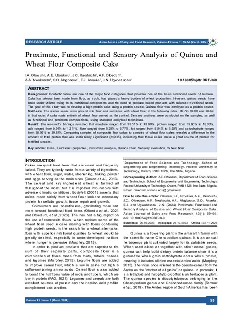 Pdf Proximate Functional And Sensory Analysis Of Quinoa And Wheat Flour Composite Cake