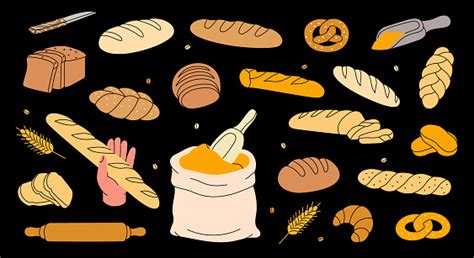 베이커리 스케치 세트 빵과 생과자 메뉴 그림 밀 빵 프레첼 치아바타 크루아상 프렌치 바게트 검은색 배경에 격리되어 있습니다 갈색 빵에 대한 스톡 벡터 아트 및 기타 이미지