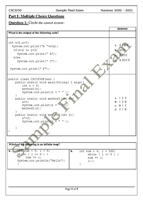 Csci250 Sample Final Exam Part I Multiple Choice Questions Question