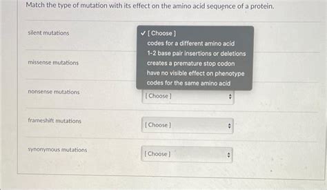 Solved Match The Type Of Mutation With Its Effect On The Chegg Com