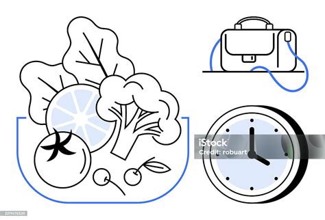 신선한 야채 서류 가방 시간 관리를 상징하는 시계를 포함한 균형 잡힌 라이프스타일 요소 가격에 대한 스톡 벡터 아트 및 기타 이미지 가격 개념 개념과 주제 Istock