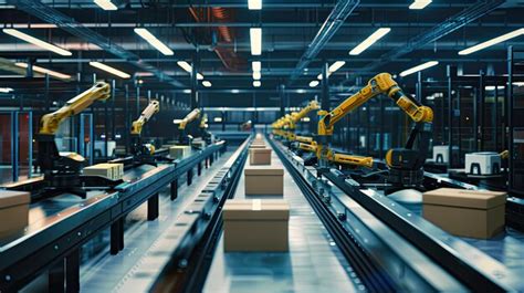 automated warehouse with robotic arms sorting packages premium ai
