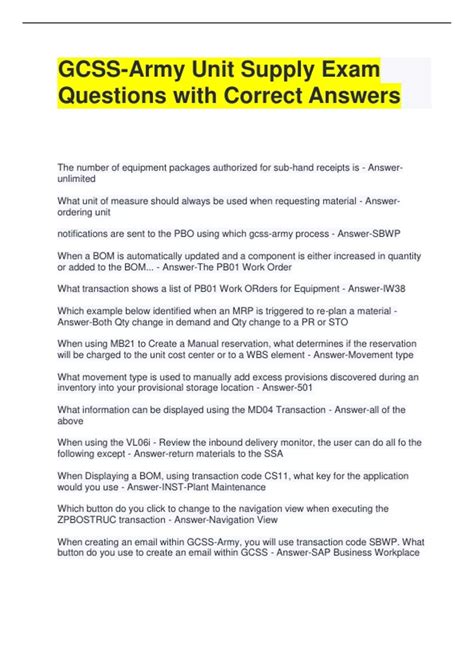 Gcss Army Unit Supply Exam Questions With Correct Answers Gcss Army