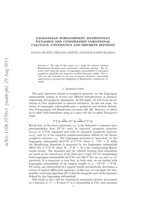 Pdf Hamiltonian Dynamics And Constrained Variational Calculus