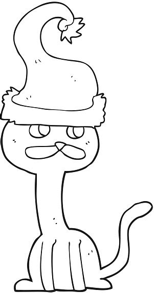 크리스마스 모자를 쓰고 자유형 그려진 흑백 만화 고양이 귀여운에 대한 스톡 벡터 아트 및 기타 이미지 귀여운 기이함 낙서