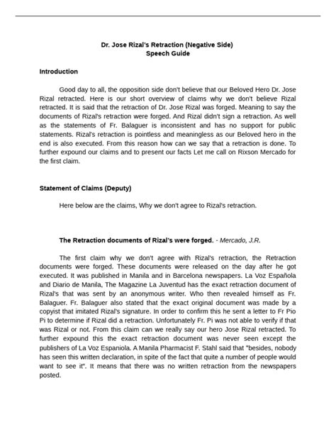 Rizals Retraction Sample Speech Pdf