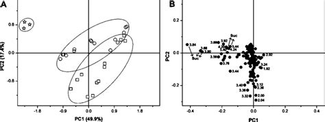 Pca Score A And Loading B Plots From 1 H Nmr Spectra Of The