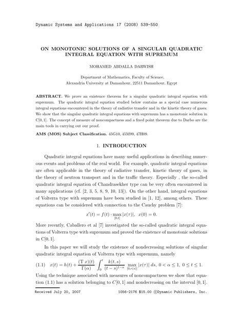 Pdf On Monotonic Solutions Of A Singular Quadratic Integral Equation With Supremum