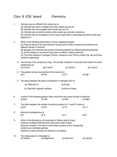 Class 8 Icse Board Chemistry Atomic Structure Pdf Pdf Proton Atoms