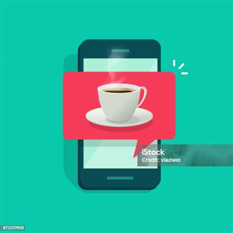 휴대 전화 벡터 일러스트 레이 션 스마트폰 플랫 만화 커피 유리 셀룰라 전화 배달 응용 프로그램 인터넷 카페에서 음료 주문 알림의 개념에 커피 컵 Brand Name