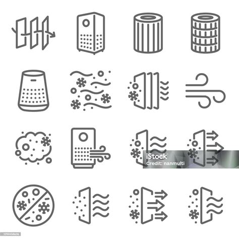 공기 청정기 아이콘 일러스트 벡터 세트 먼지 산소 항균 대기 오염 오후 25 공기 필터 등과 같은 아이콘이 포함되어 있습니다 확장된 스트로크 아이콘에 대한 스톡 벡터 아트