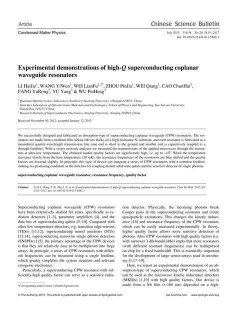 Pdf Experimental Demonstrations Of High Q Superconducting Coplanar Waveguide Resonators