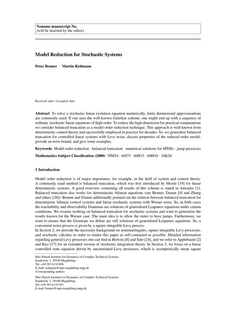 Pdf Model Reduction For Stochastic Systems