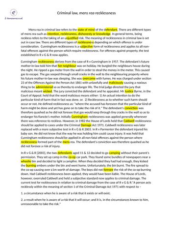 Criminal Law Mens Rea Recklessness 60 Min Lesson Teaching Resources