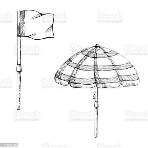 손으로 그린 벡터 잉크 요소입니다 액세서리 코코넛 껍질이 있는 스트라이프 비치 캔버스 백 흰색 배경에 격리 디자인 벽 예술 결혼식 인쇄 직물 표지 카드 관광 여행 책자 0