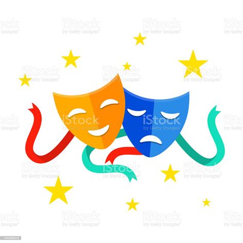 리본으로 극장 마스크입니다 희 극과 비극 면 흰색 배경에 고립입니다 전통적인 극장 기호입니다 극장 행복 하 고 슬픈 마스크 아이콘입니다 벡터 일러스트 레이 션 Fashion