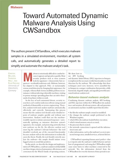 Pdf Toward Automated Dynamic Malware Analysis Using Cwsandbox