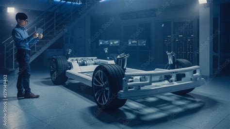Automobile Engineer Working On Electric Car Chassis Platform Using Tablet Computer Augmented