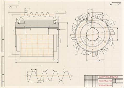 베이지 색 기술 용지 배경에 기계 공학 도면 절삭 공구 밀링 커터 산업 청사진 프리미엄 벡터