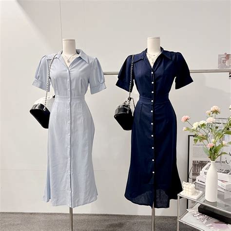 이프유마인 페미닌하객룩 여름 드비아 오픈 셔츠 카라 버튼 벌룬 퍼프 뒷밴딩 핀턱 A라인 플레어 셔링 프릴 머메이드 반팔 롱 원피스 2color