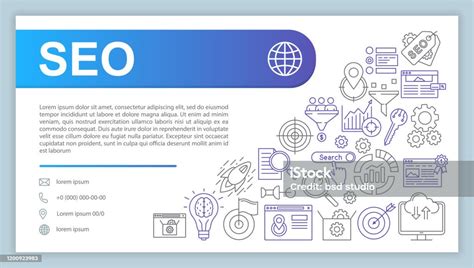 Seo 웹 배너 명함 벡터 템플릿 검색 엔진 최적화 전화 이메일 선형 아이콘이 있는 회사 연락처 페이지 디지털 마케팅 프리젠