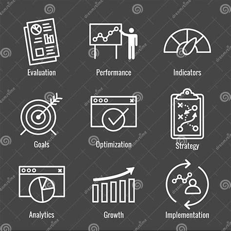 Kpi Key Performance Indicators Icon Set With Evaluation Growth Strategy Etc Stock Vector