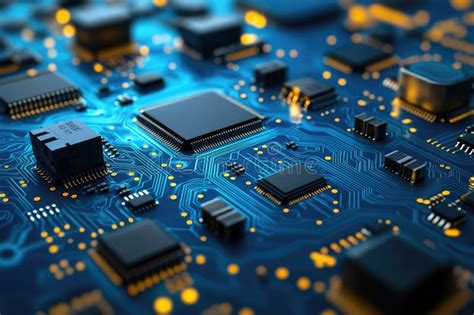High Tech Circuit Board Close Up Detailed View Of Microchips And Electronic Components Stock