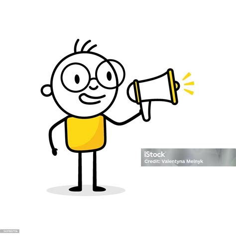 손에 확성기로 무언가를 발표하는 남자 프로모션 개념입니다 벡터 스톡 일러스트레이션그의 손에 확성기로 무언가를 발표하는 남자 프로모션 개념입니다 벡터 스톡 일러스트 과시함에