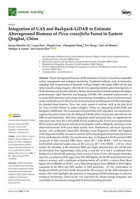 Pdf Integration Of Uas And Backpack Lidar To Estimate Aboveground Biomass Of Picea Crassifolia