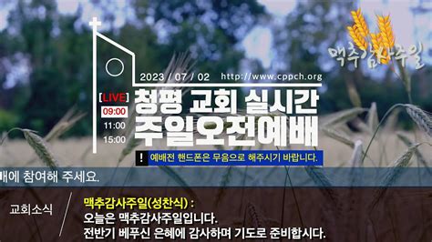 청평장로교회 실시간 맥추감사주일예배 다윗왕의 감사 대상 16 7 15 Youtube