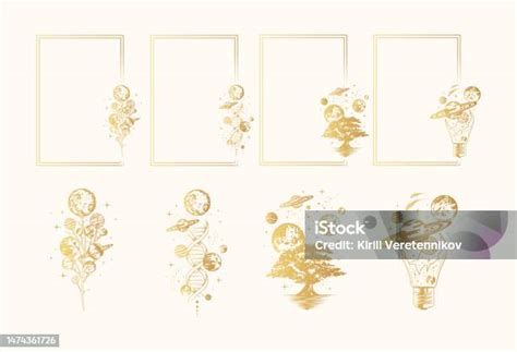 4 개의 천체 직사각형 프레임과 4 개의 신비로운 공간 구성이 고립 된 세트입니다 황금 손으로 그린 벡터 삽화 요술 인사말 카드 및 초대장 보보스에 대한 스톡 벡터 아트 및