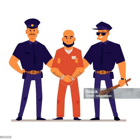 주황색 교도소 유니폼을 입고 수갑을 차고 있는 만화 경찰관 체포에 대한 스톡 벡터 아트 및 기타 이미지 체포 경찰관 남성 Istock
