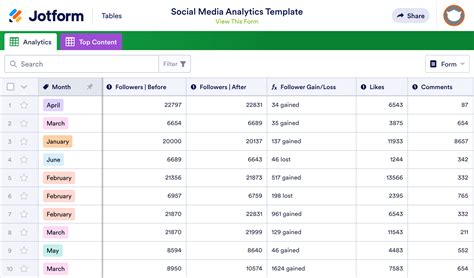Social Media Analytics Template Jotform Tables