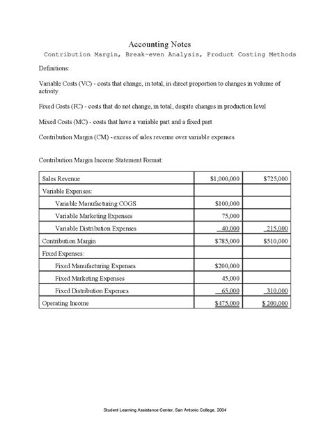 Contribution Margin Break Even Analysis Exams Accounting Docsity