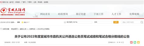 2022年安徽宣城市直机关公开遴选公务员笔试成绩及合格分数线（已公布）