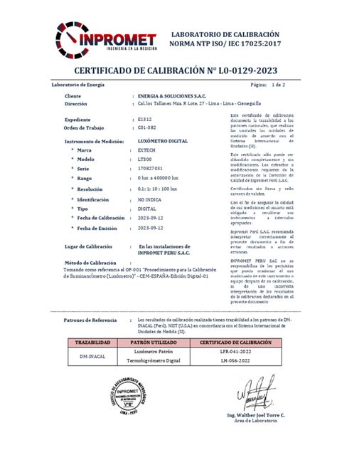 Certificado De Calibración Luxometro Energia Pdf