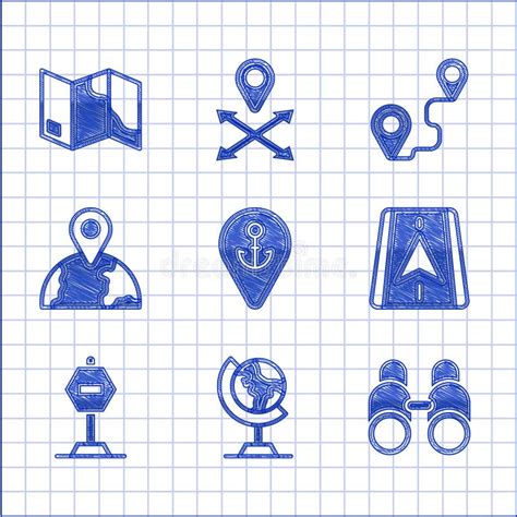 Set Location With Anchor Earth Globe Binoculars City Map Navigation Stop Sign The Route