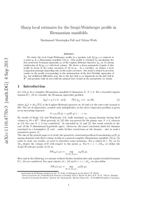 Pdf Sharp Local Upper Bound Of The First Non Zero Neumann Eigenvalue In Riemannian Manifolds