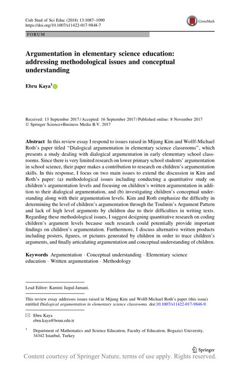 Argumentation In Elementary Science Education Addressing Methodological Issues And Conceptual