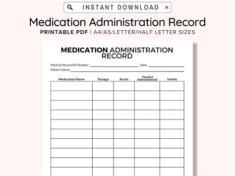 Printable Medication Administration Record Ready To Print Medication Log Chart Post Surgery