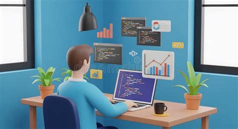 3d Rendered Developer Coding On Laptop In Modern Office With Data Visualizations Stock