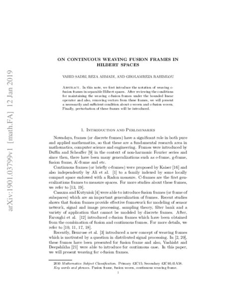 Pdf On Continuous Weaving Fusion Frames In Hilbert Spaces